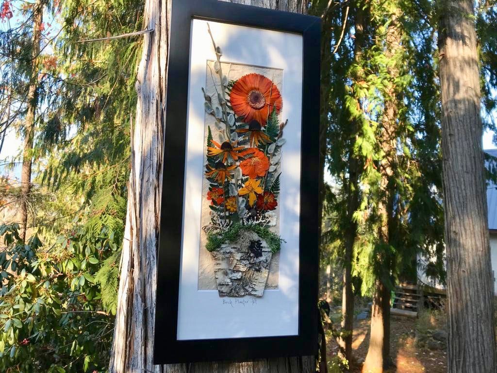 Real Pressed Flower Framed Artwork - Orange Gerbera Birch Planter Pot ...
